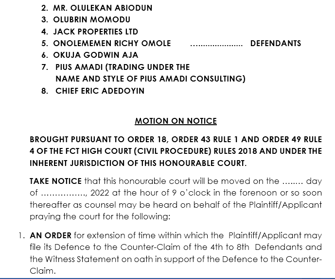 Motion For Extension Of Time To File Defence To Counter Claim SabiLaw Motion For Extension Of Time To File Defence To Counter Claim SabiLaw
